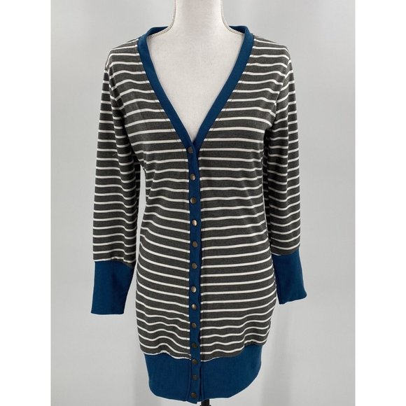 Merokeety | Tops | Merokeety Knit Cardigan Tunic Gray White Stripe Snap ...